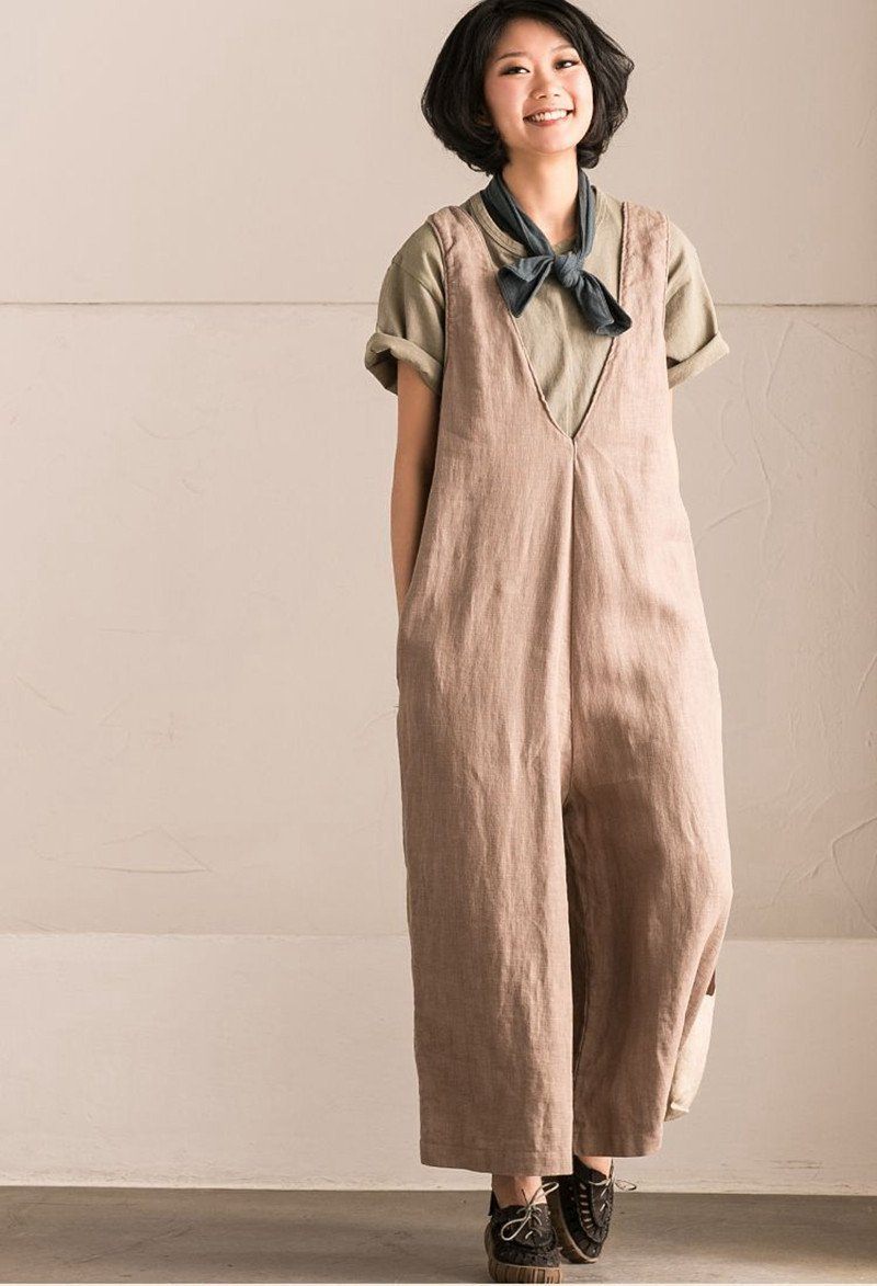Khaki V-Neck Causal Cotton Linen Oversize Overalls Women Clothes K289B ...
