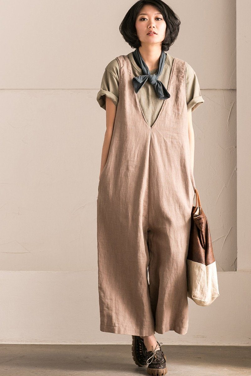 Khaki V-Neck Causal Cotton Linen Oversize Overalls Women Clothes K289B ...