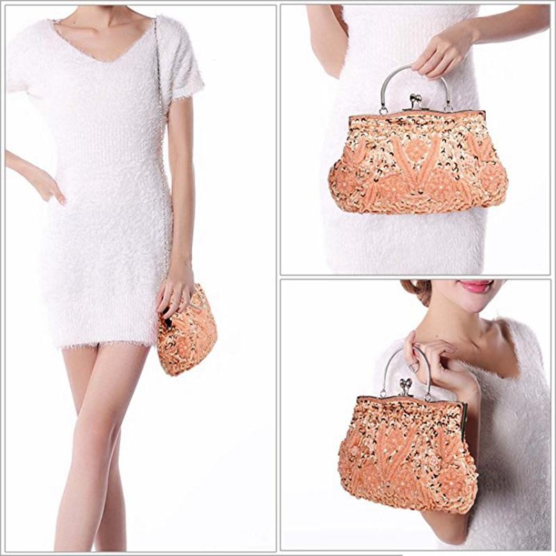 Beaded Sequin Design Metal Frame Kissing Lock Satin Interior Evening C ...