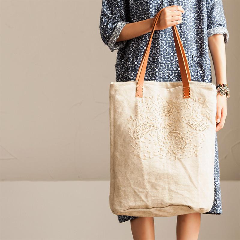 Handmade Cowhide Embroidered Linen Single Shoulder Bag Travel Bag Summ ...