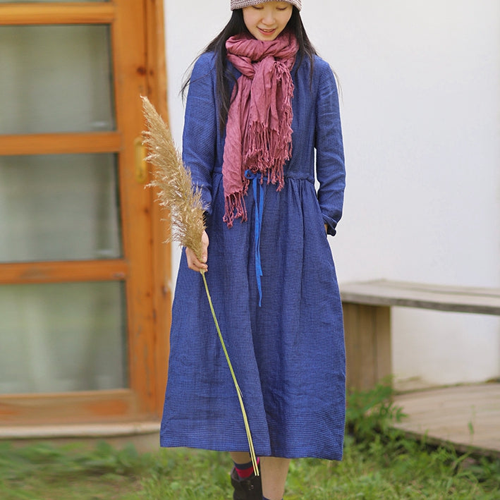 Women Linen Blue Checked Loose Drawstring Waist Dress– FantasyLinen