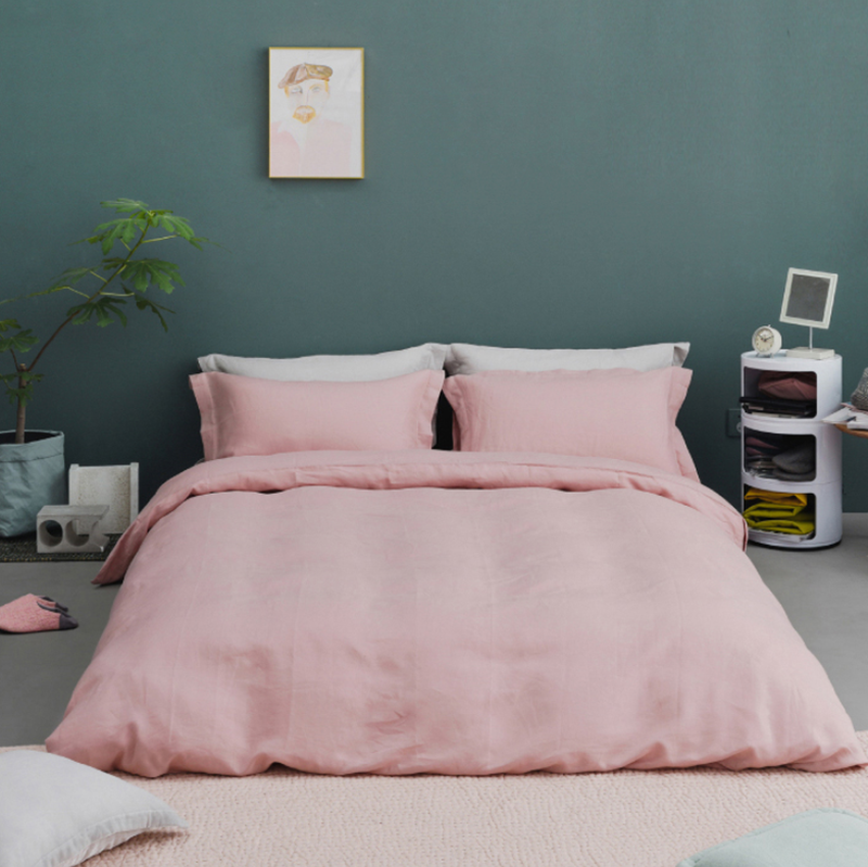 Washed Pure Color Linen Bedding Set Pillowcases With Flat Sheet ...